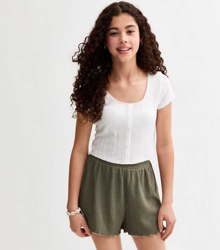 Girls Light Green Textured Lettuce Hem Shorts | New Look