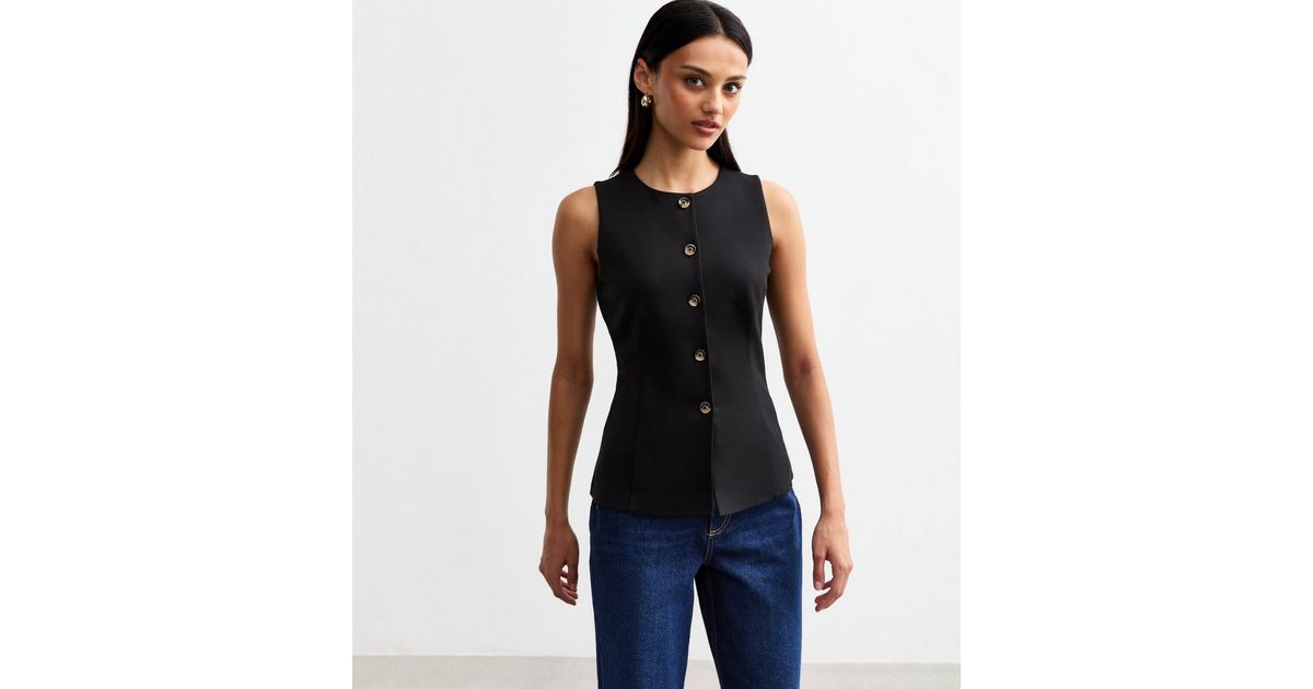 Black Buttoned Crew Neck Ponte Waistcoat | New Look