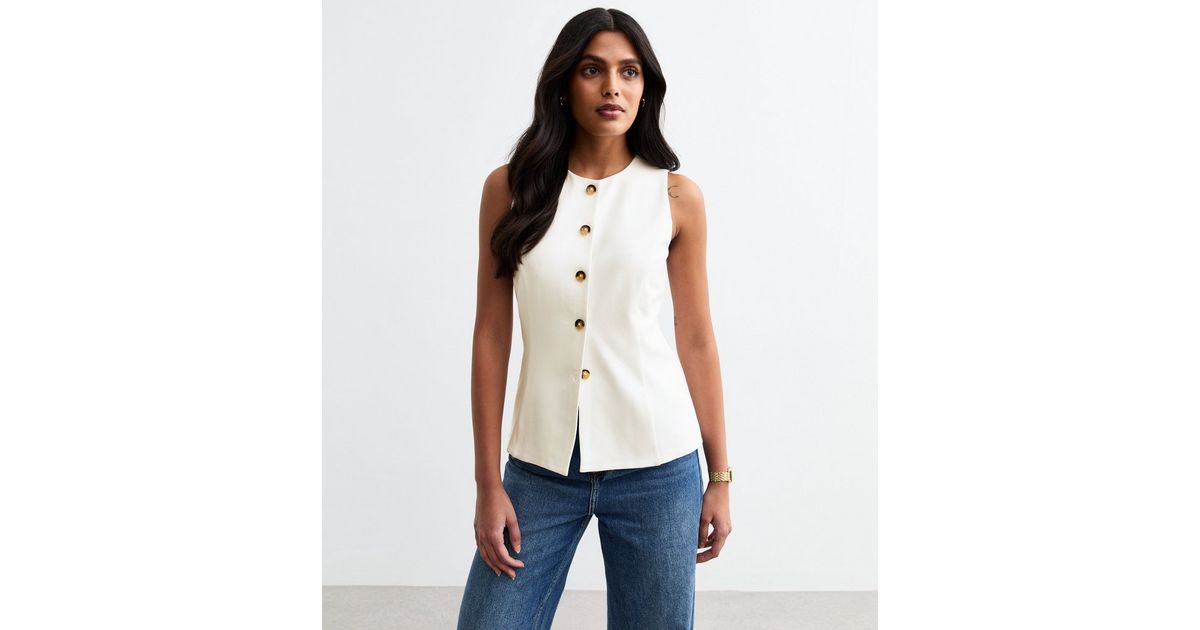 White Buttoned Crew Neck Ponte Waistcoat | New Look