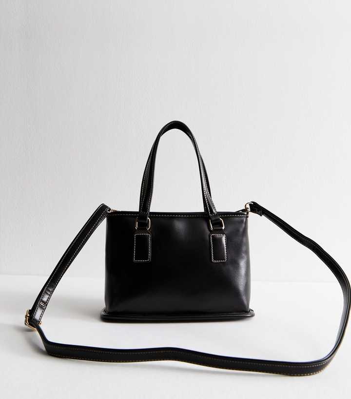 Black Contrast Stitching Faux Leather Mini Tote Bag | New Look