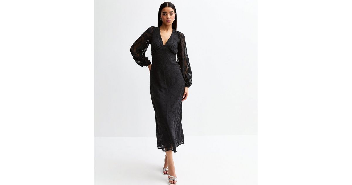Black V-Neck Floral Devoré Long Sleeve Midi Dress | New Look
