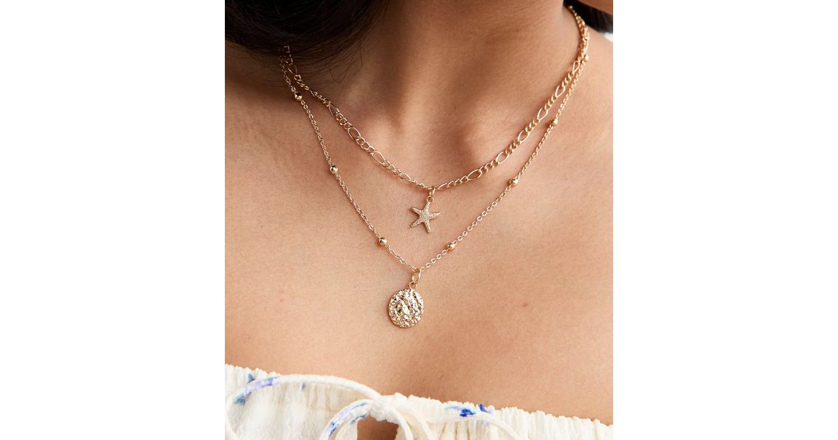 Gold Tone Multi-Row Starfish Disc Necklace | New Look