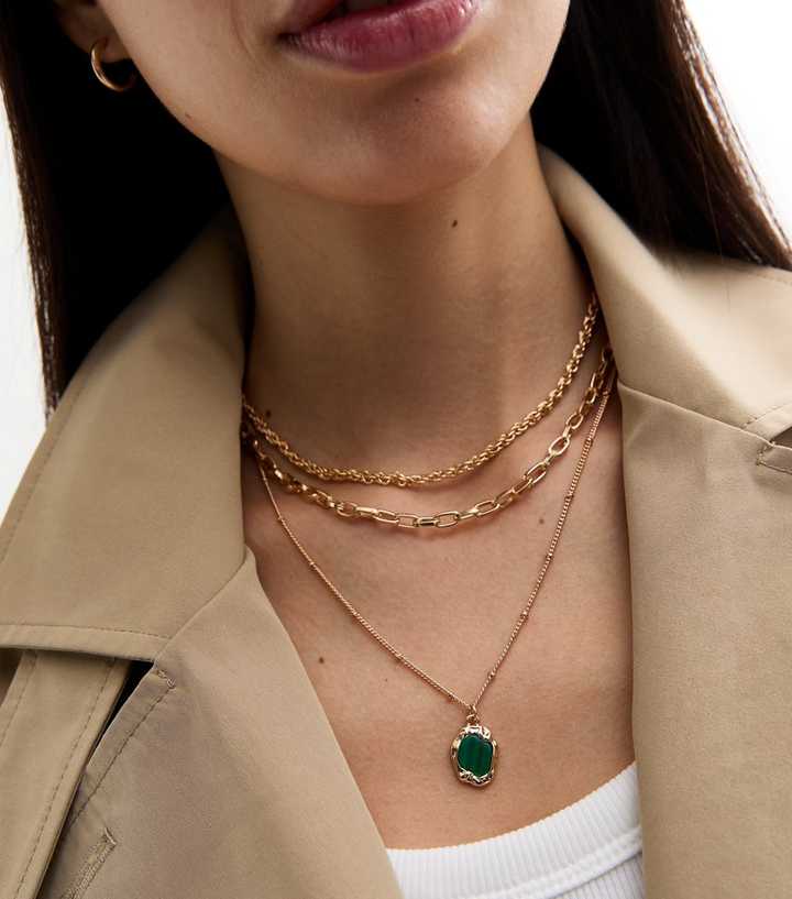 Gold Tone Triple Layered Semi Precious Stone Necklace | New Look