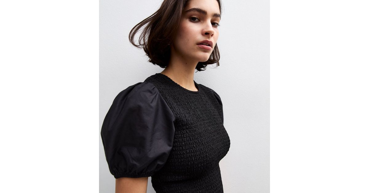 Black Puff Sleeve Shirred Top | New Look