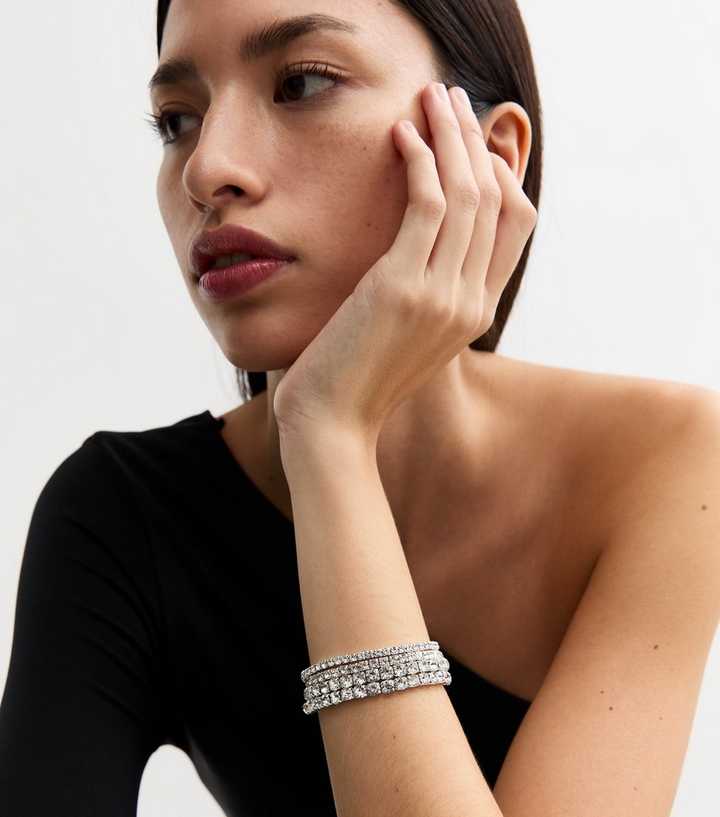 Pack Of 4 Silver Tone Diamantè Embellished Stretch Bracelets | New Look