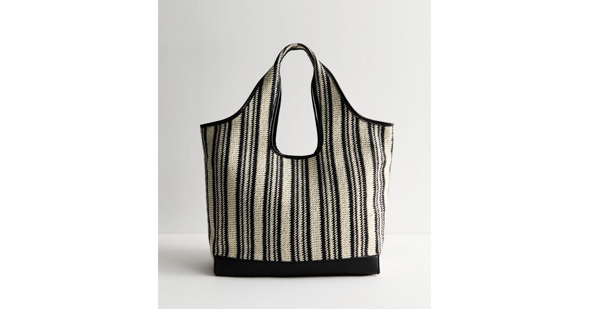 Black Striped Raffia Look Tote | New Look