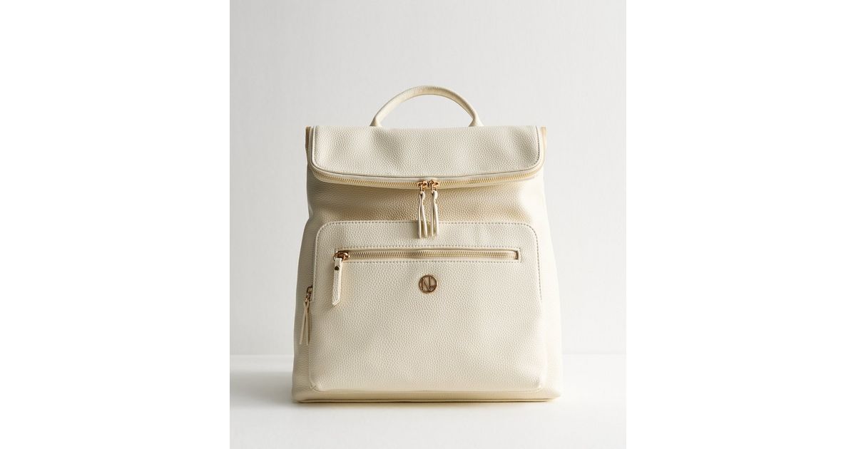Cream Faux Leather Logo Plaque Zip Top Backpack | New Look