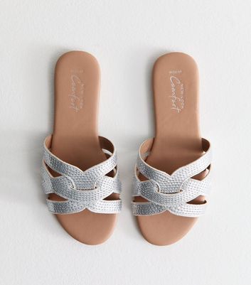 Wide Fit Silver Woven Stap Embellished Faux Leather Sandals New Look