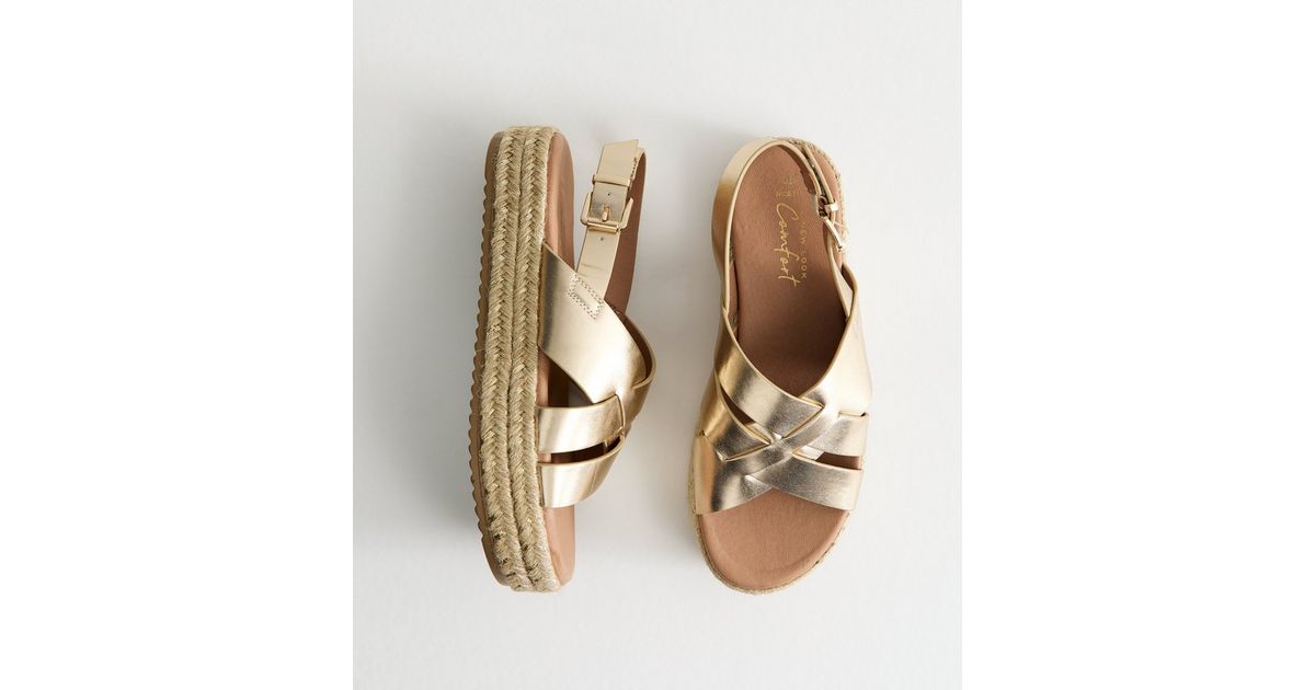 Wide Fit Gold Faux Leather Crossover Strap Platform Sandals | New Look