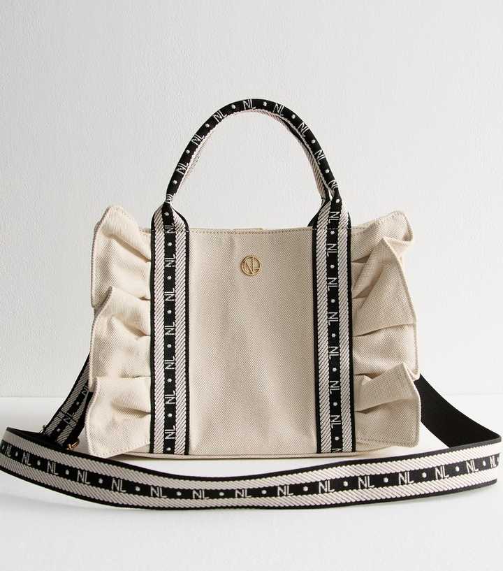 Cream Logo Trim Ruffled Canvas Tote Bag | New Look