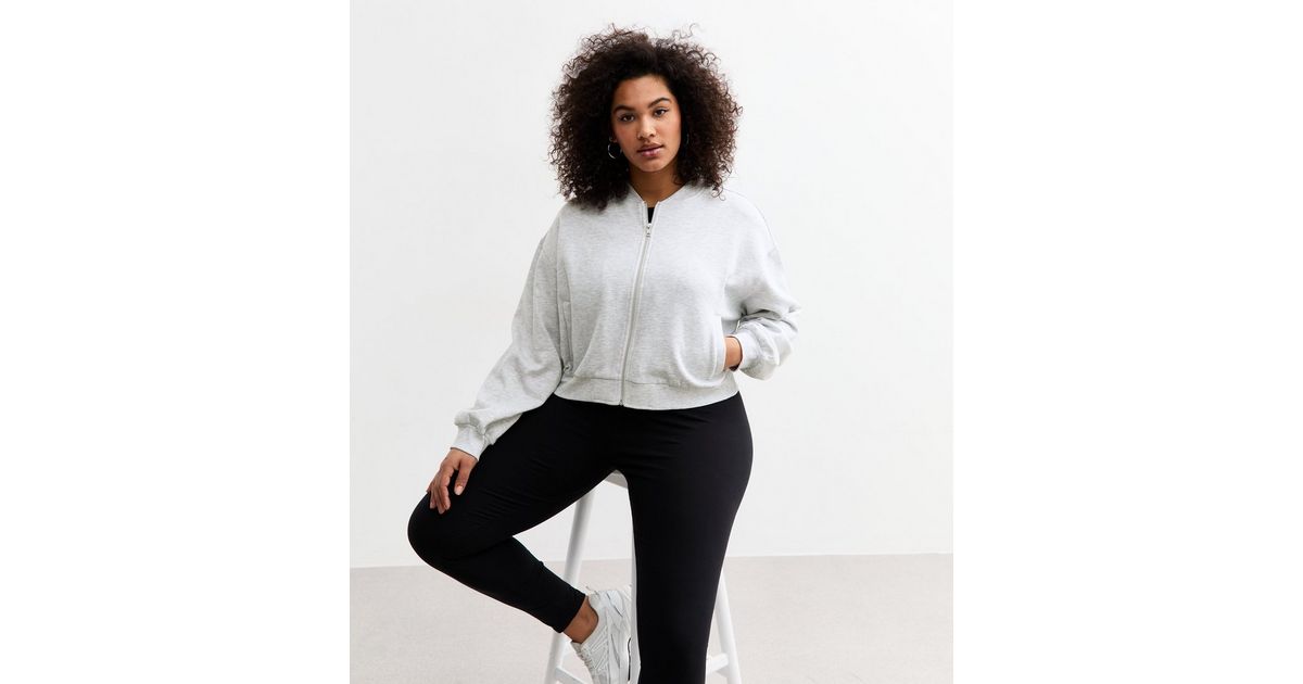 Curves Light Grey Zip Up Cropped Bomber Jacket | New Look