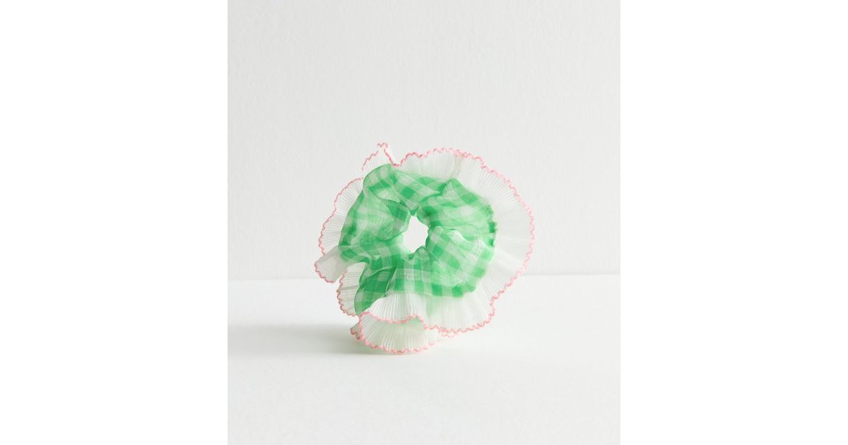 Green Gingham Frilly Trim Scrunchie | New Look