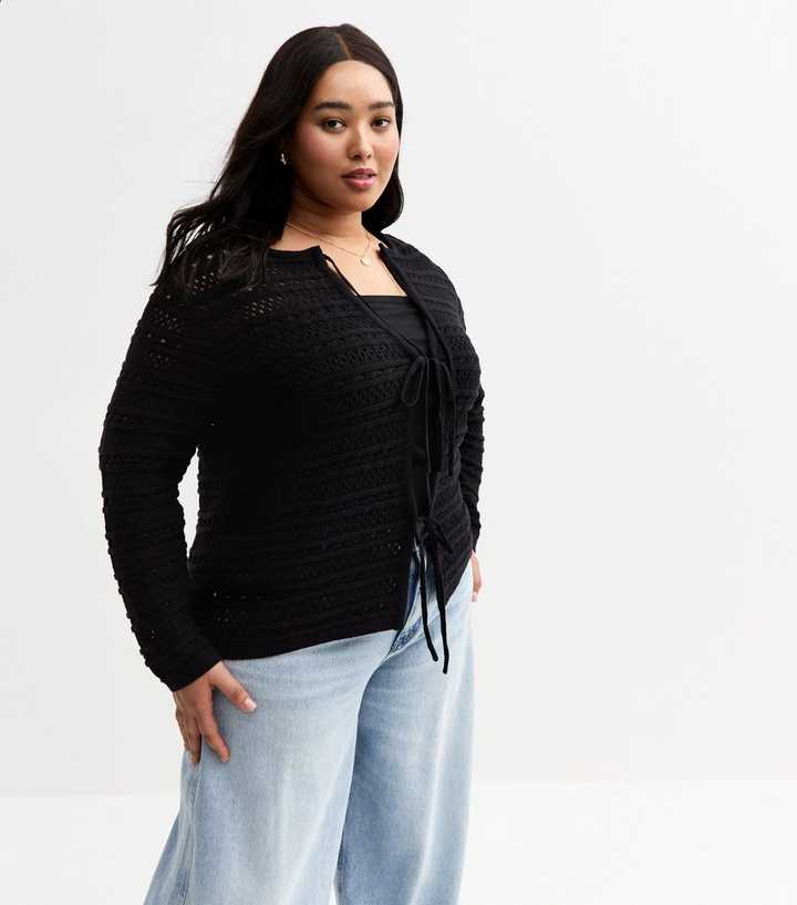 Curves Black Open Knit Tie Front Cardigan | New Look