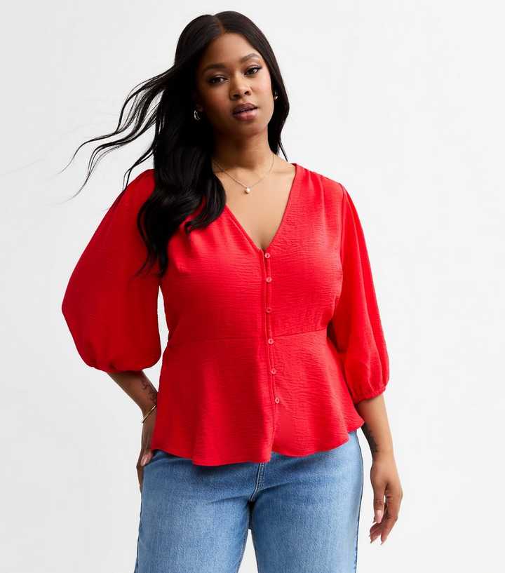 Curves Bright Red Crinkle Texture Button Front Tea Top | New Look
