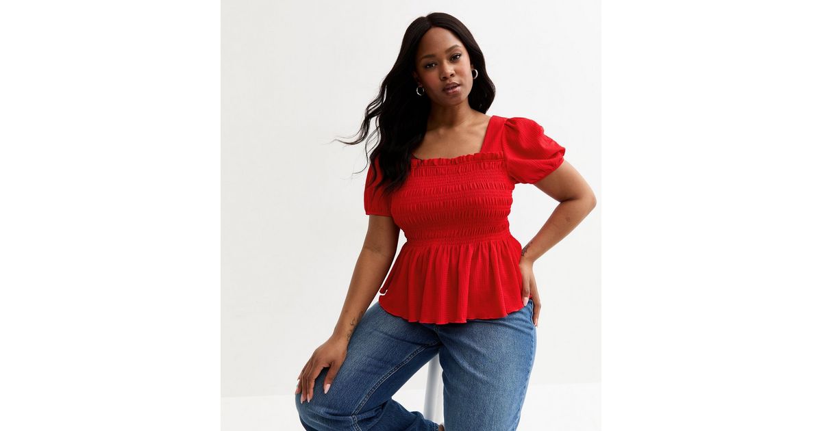 Curves Red Crinkled Shirred Top | New Look