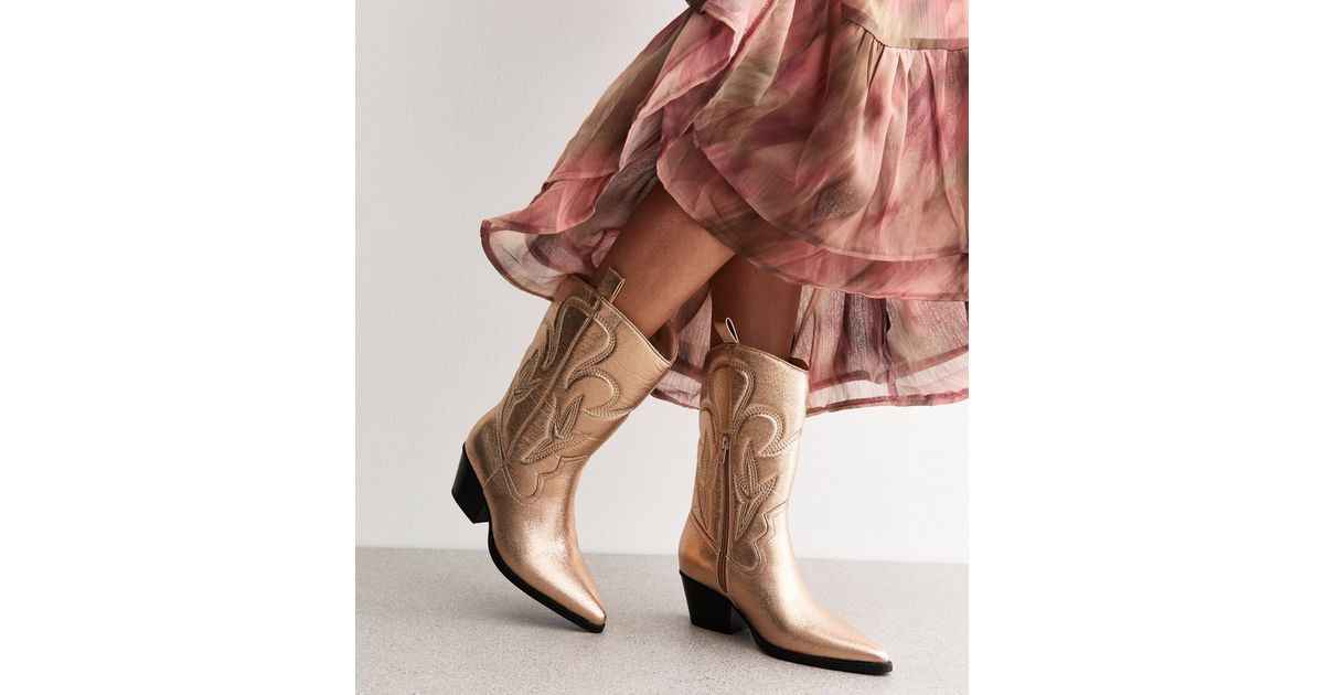 Public Desire Rose Gold Calabasas Stitch Detail Boots | New Look