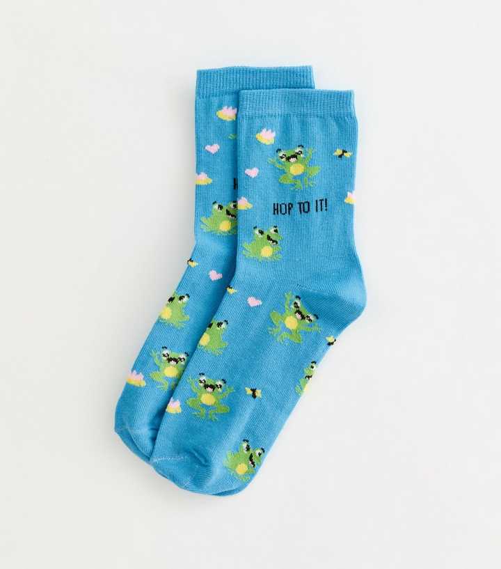 Bright Blue Hop To It Frog Pattern Socks | New Look
