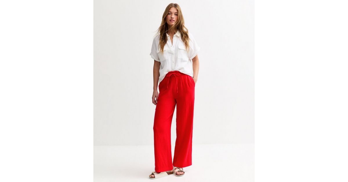 Bright Red Double Cloth Wide Leg Trousers | New Look
