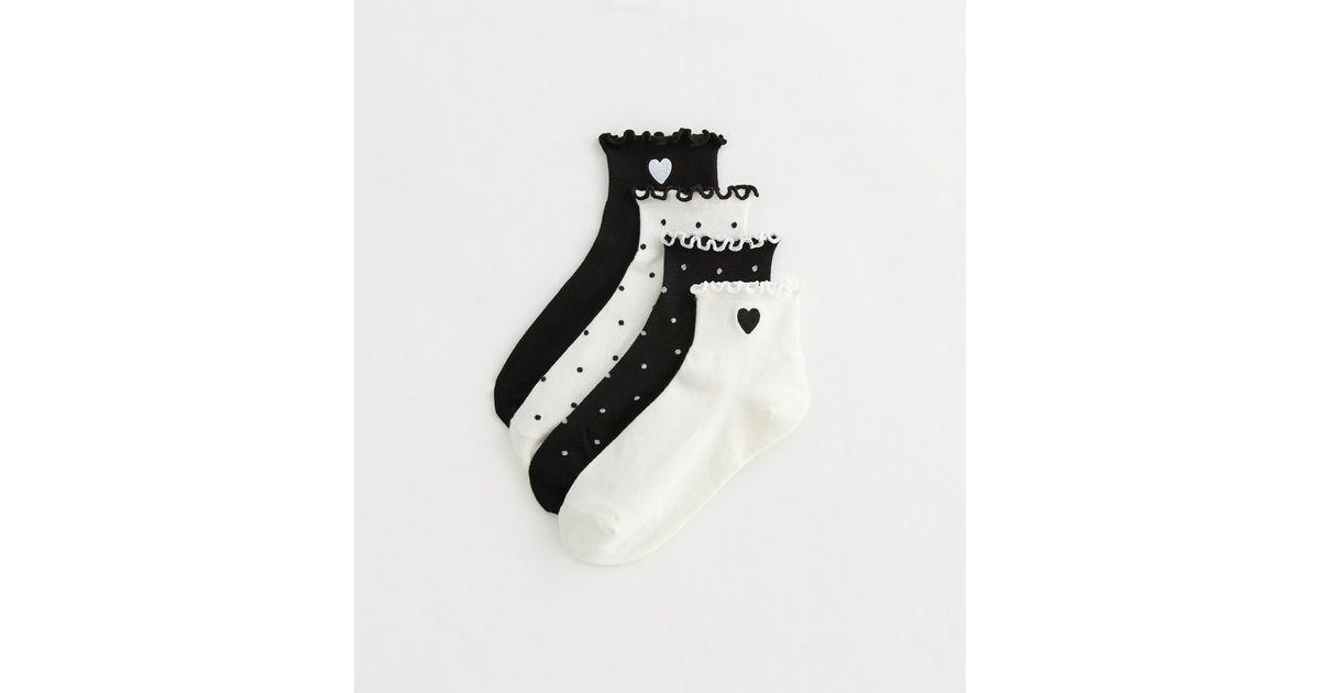 Pack of 4 Black Polka Dot Heart Motif Frill Socks | New Look