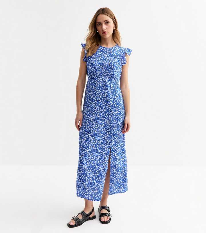 Blue Floral Print Slit Hem Midi Dress | New Look