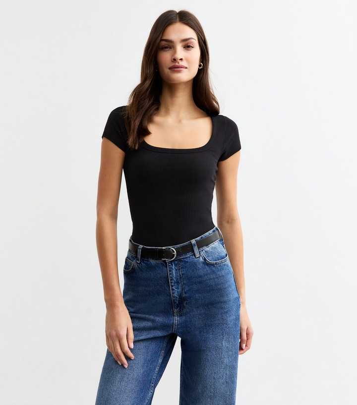 Black Ribbed Square Neck Top | New Look