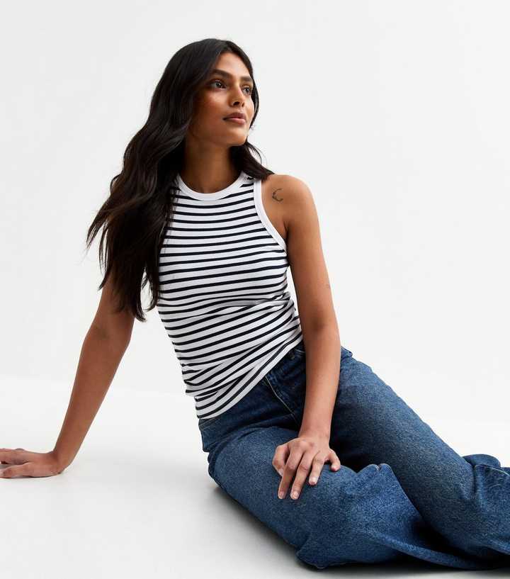White Striped Ribbed Racer Vest | New Look