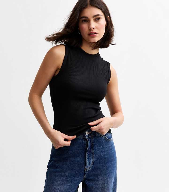 Black Ribbed High Neck Tank Top | New Look
