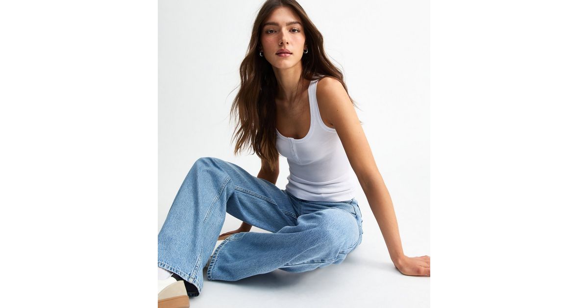 White Button Tab Ribbed Vest Top | New Look