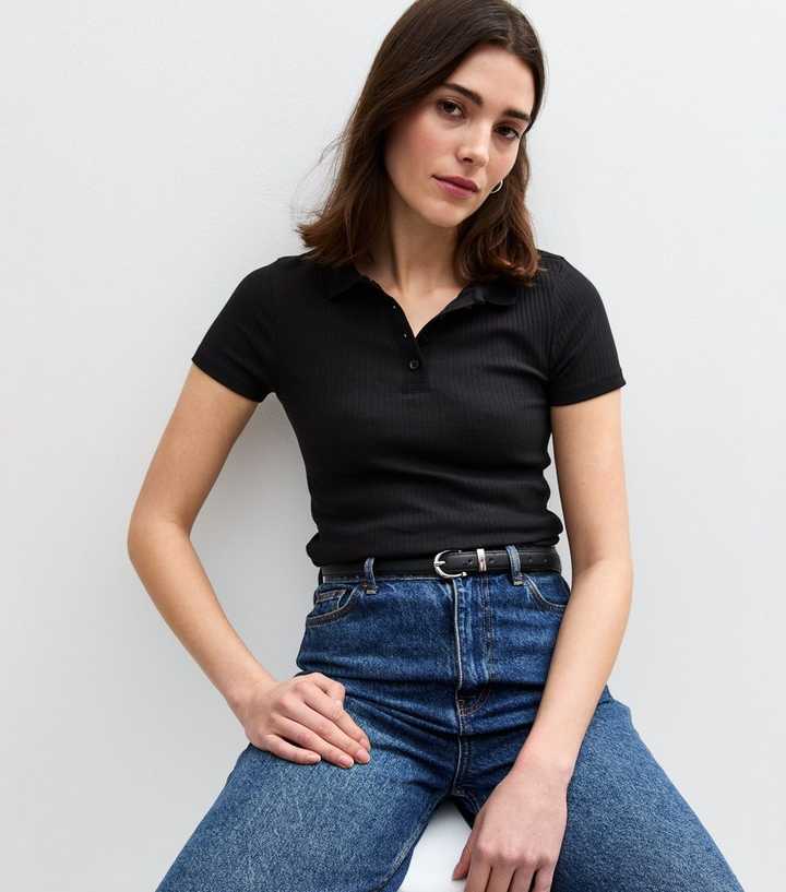 Black Ribbed Jersey Fitted Polo Top | New Look