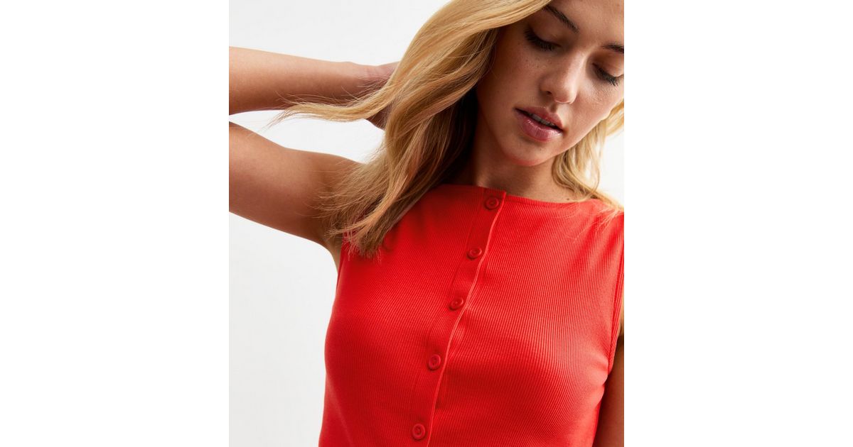 Red Rib Button Through Tank Top | New Look