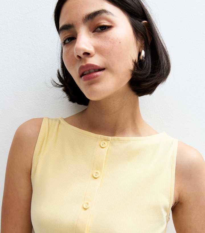 Light Yellow Rib Button Through Tank Top | New Look