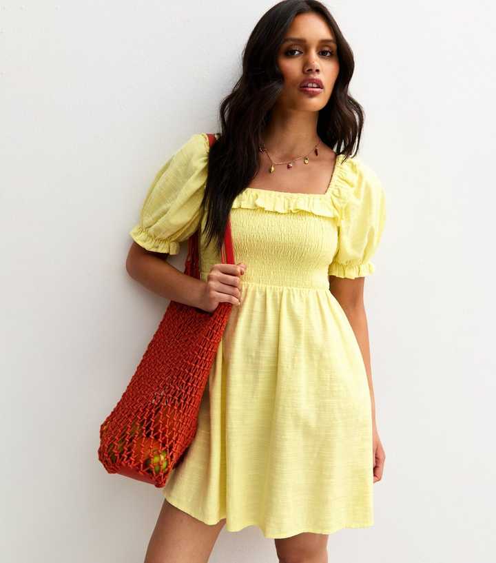 Light Yellow Puff Sleeve Shirred Mini Dress | New Look