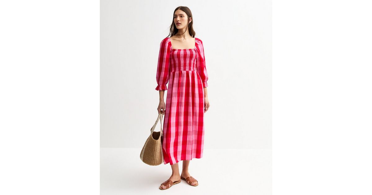 Pink Shirred Check Pattern Midi Dress | New Look
