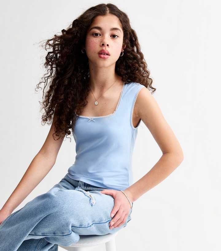 Girls Light Blue Lace Trim Square Neck Vest Top | New Look