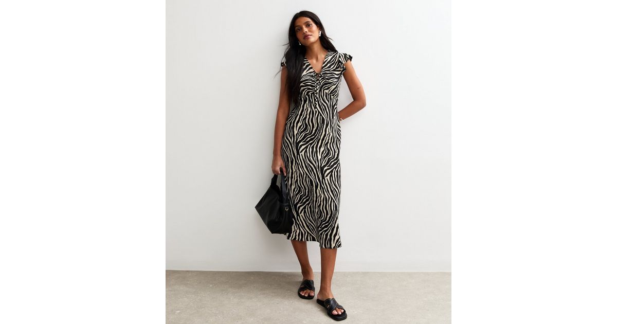 Black Zebra Print Tie Neck Midi Dress | New Look