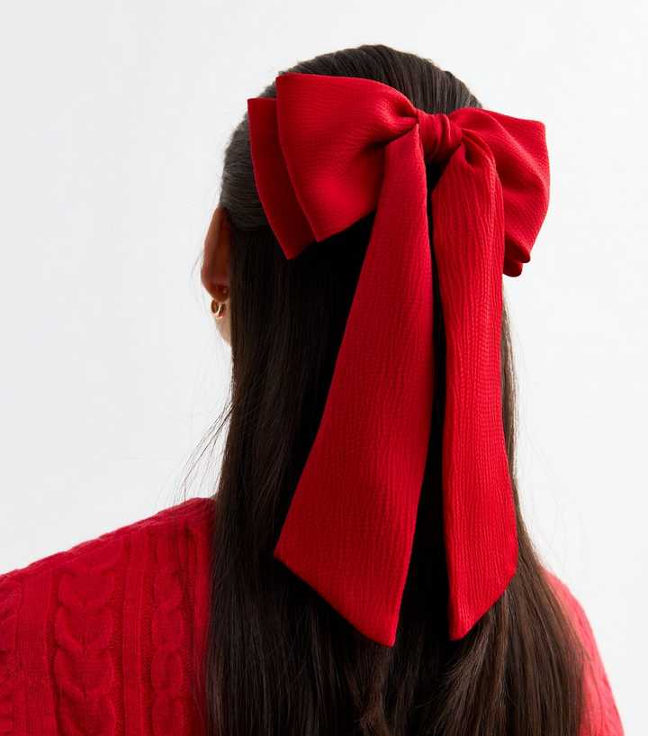 Red Textured Satin Bow Hair Clip | New Look