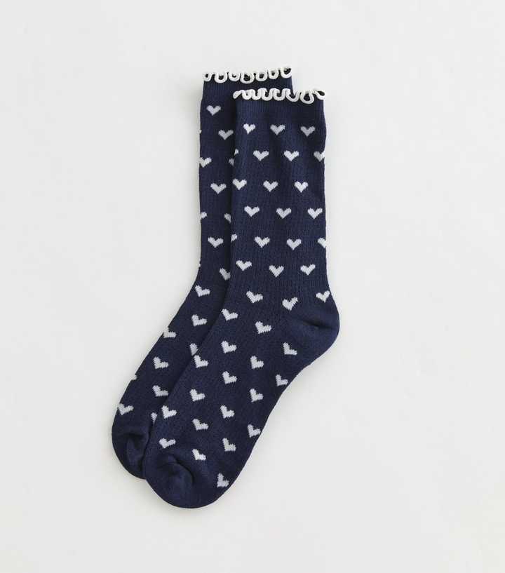 Navy Heart Pattern Frill Trim Socks | New Look