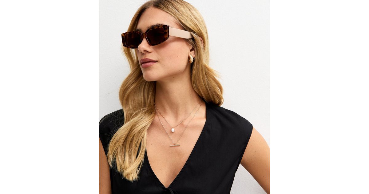 Brown Two Tone Rectangle Frame Sunglasses | New Look