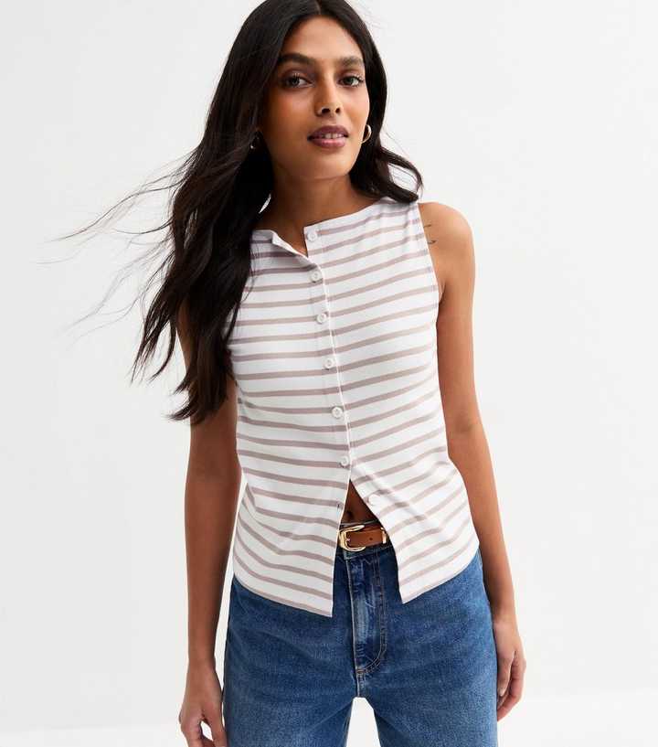 White Stripe Print Button Through Tank Top | New Look