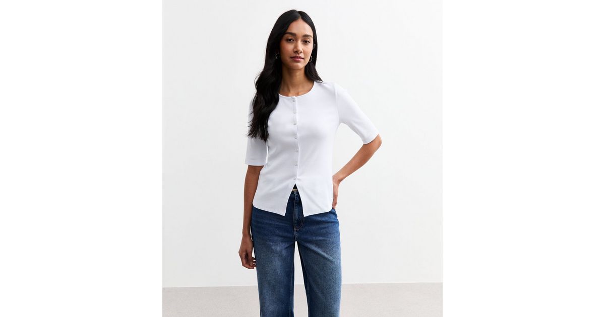 White Button Front Rib Jersey Top New Look