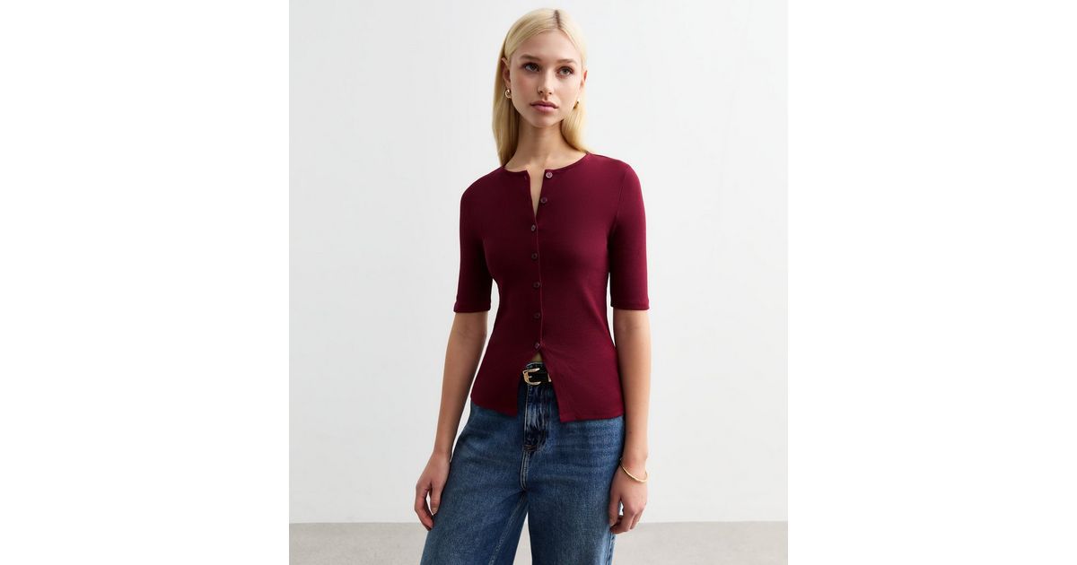 Burgundy Button Front Rib Jersey Top New Look