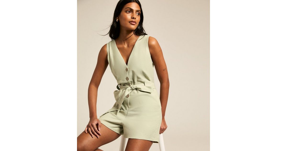 Light Green V-Neck Belted Playsuit | New Look