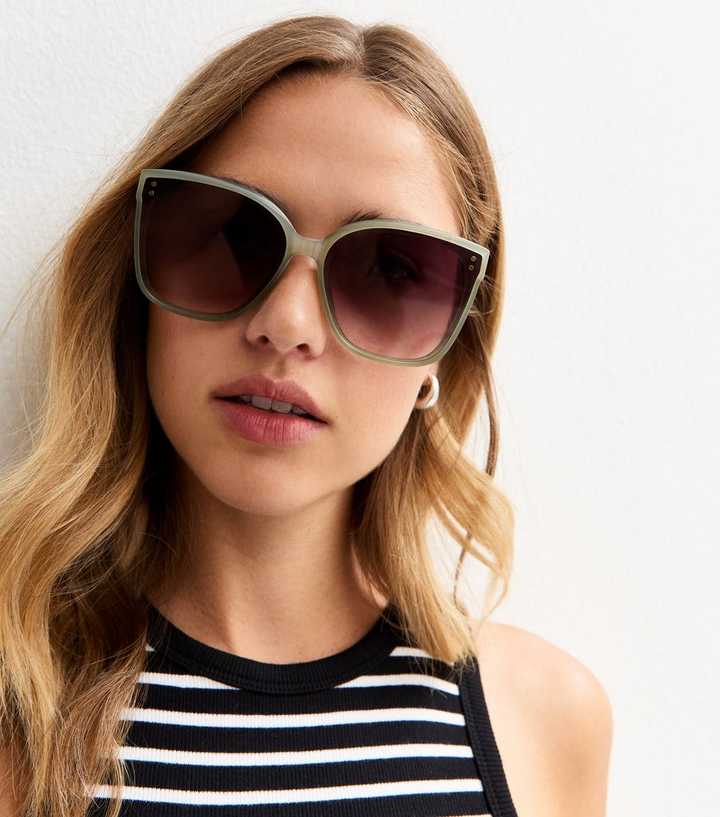 Olive Green Oversize Overlay D Frame Sunglasses | New Look