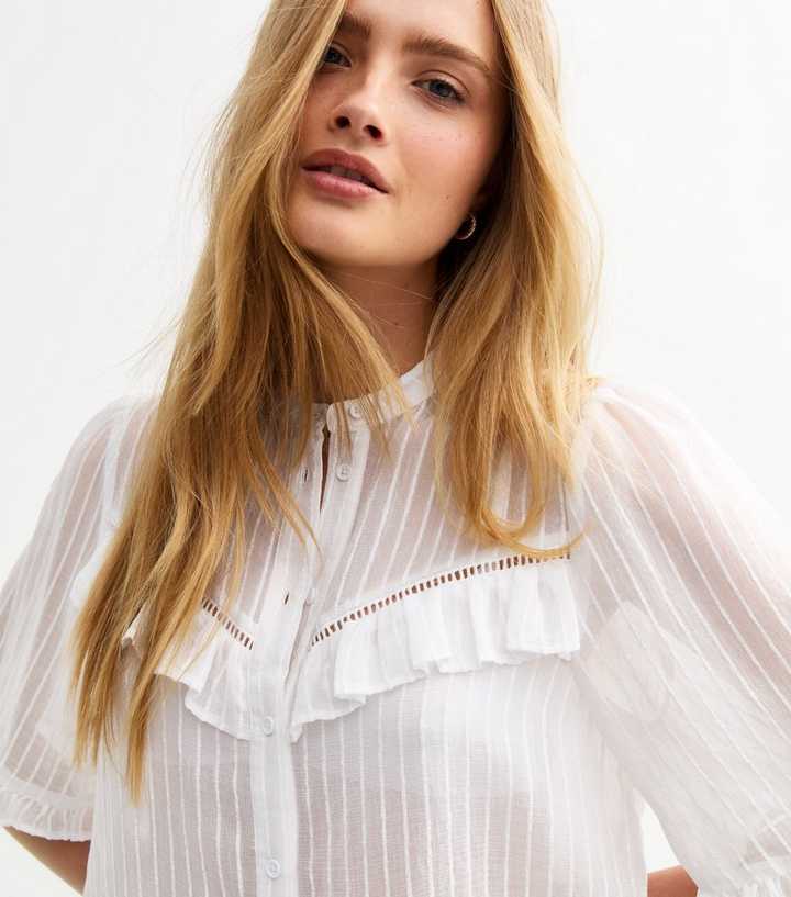 White Semi-Sheer Frill Trim Striped Shirt | New Look