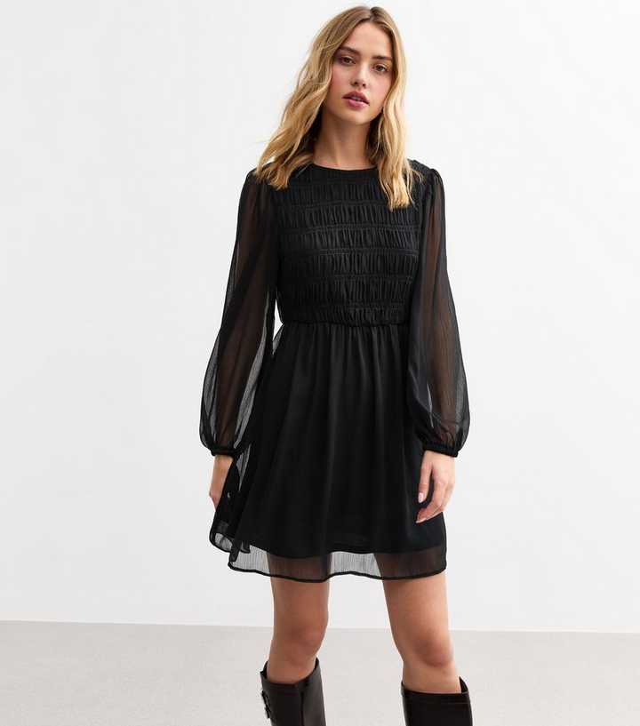 Black Shirred Chiffon Mini Dress | New Look