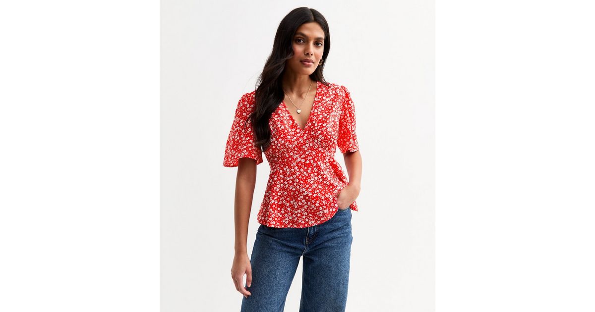 Red Floral Print Top | New Look
