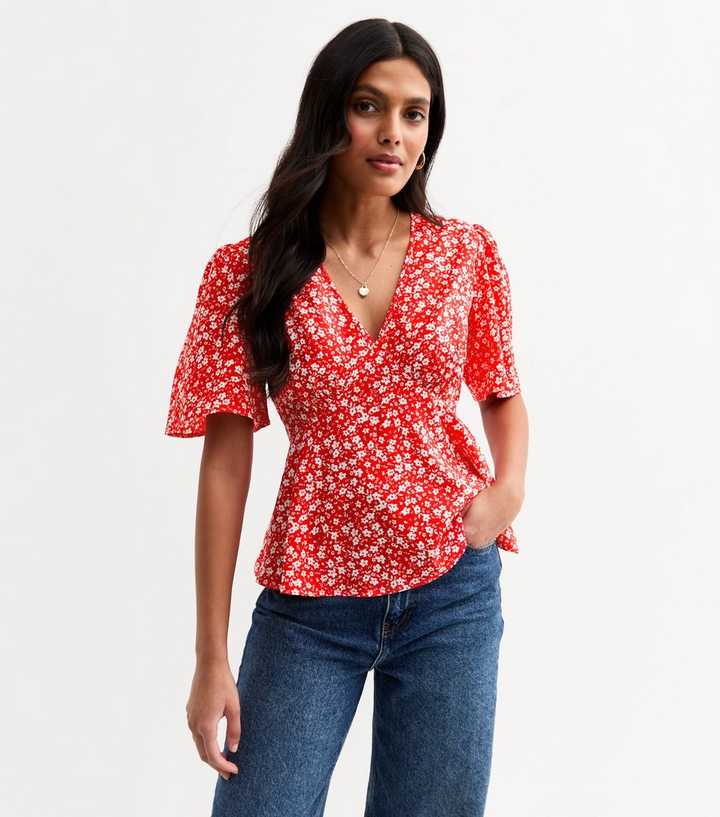 Red Floral Print Top | New Look