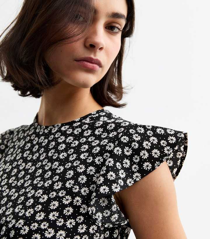 Black Ruffled Sleeve Floral Print Top | New Look