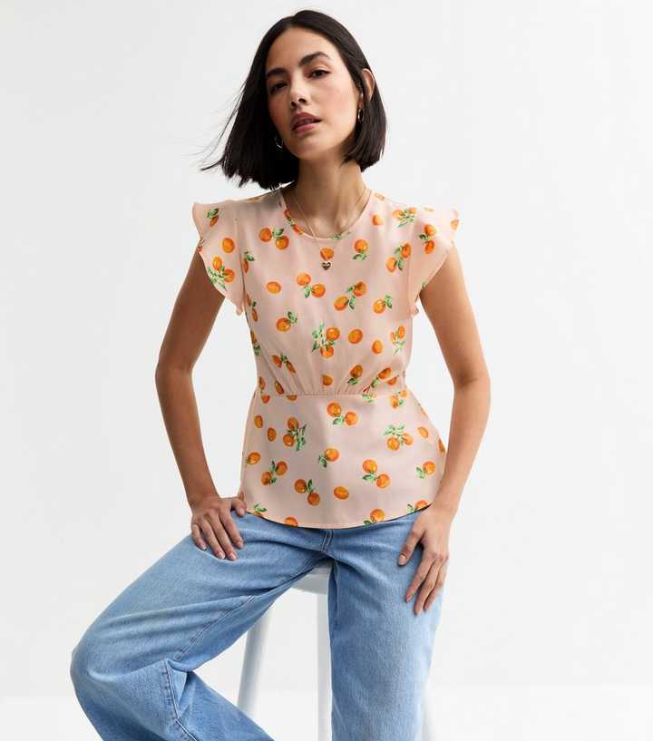 Off White Orange Print Ruffle Sleeve Top | New Look