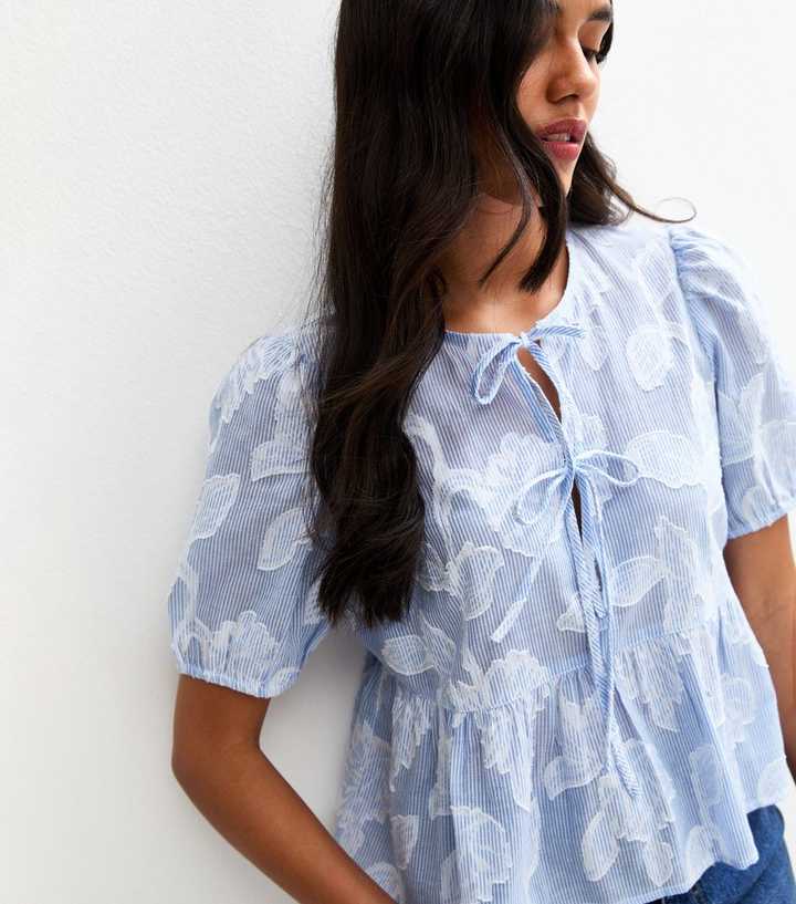Blue Stripe Jacquard Tie Front Top | New Look